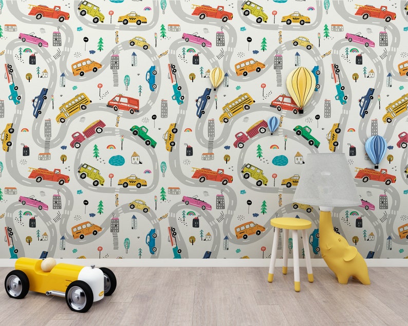 Car Wallpaper for Kids Room Colorful Wallpaper Vehicles Nursery Custom ...