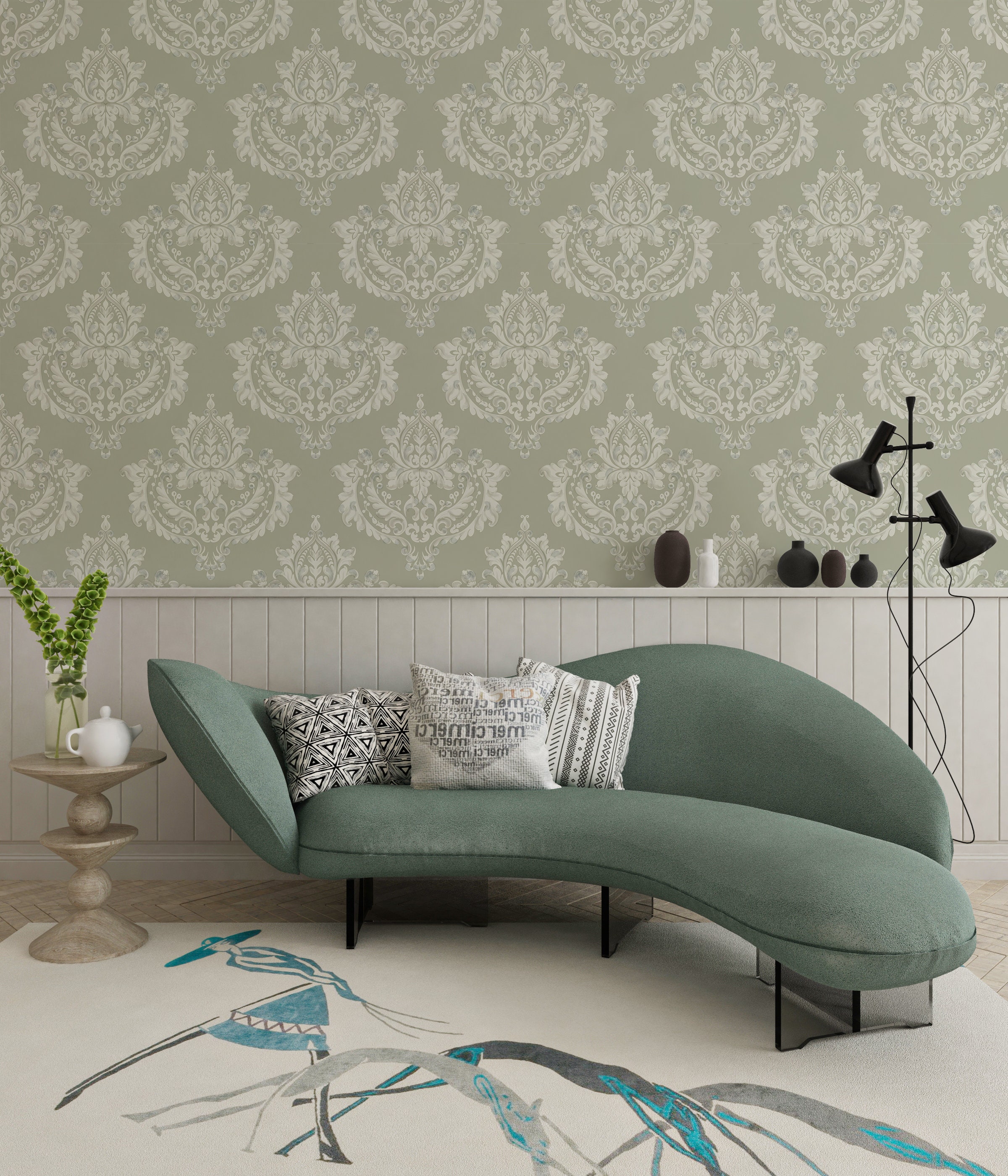 Light Green Wallpaper for Living Room Damask Pattern Wallpaper Bedroom ...