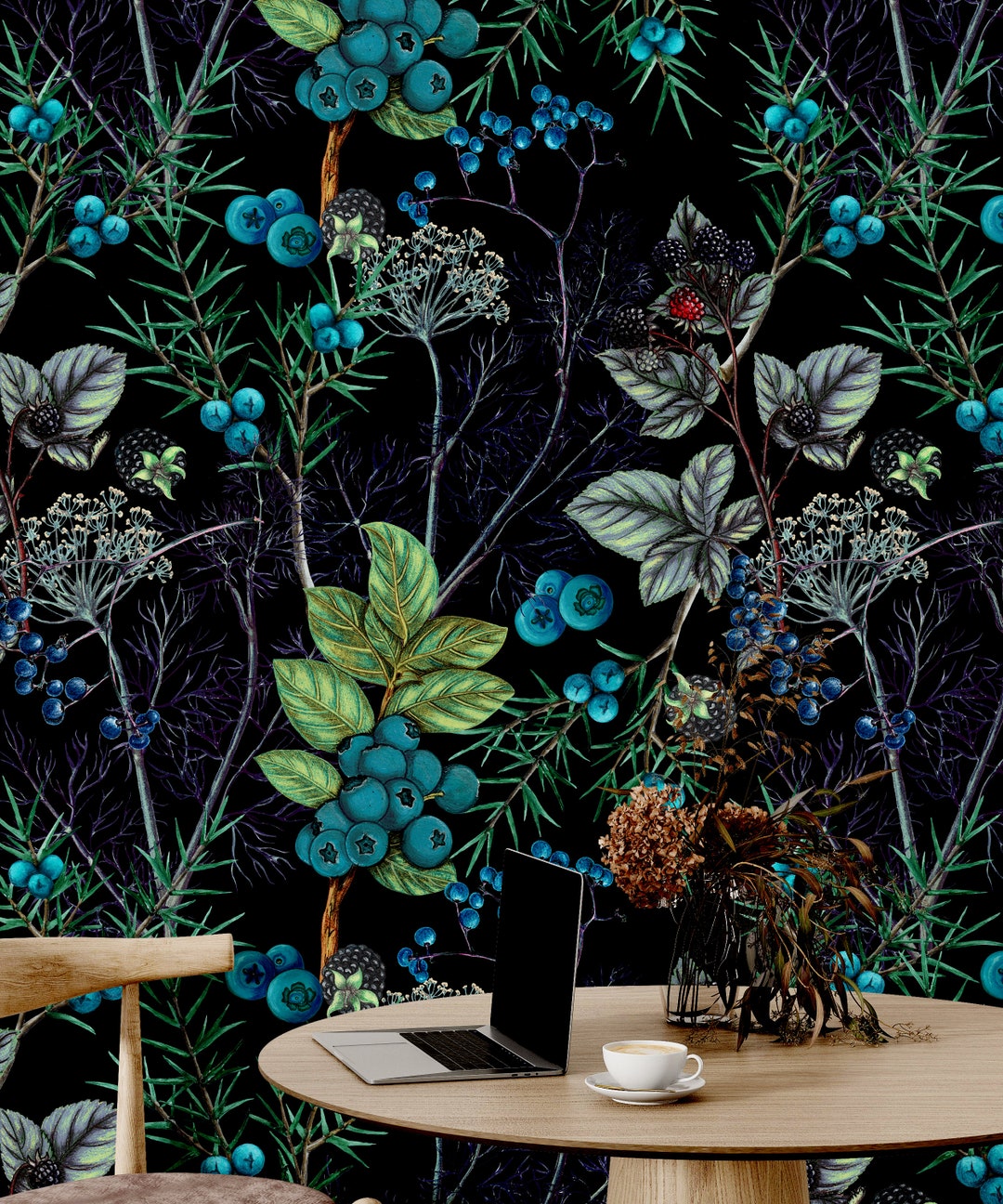 Botanical Wallpaper for Living Room Blueberry Pattern Wallpaper Bedroom ...
