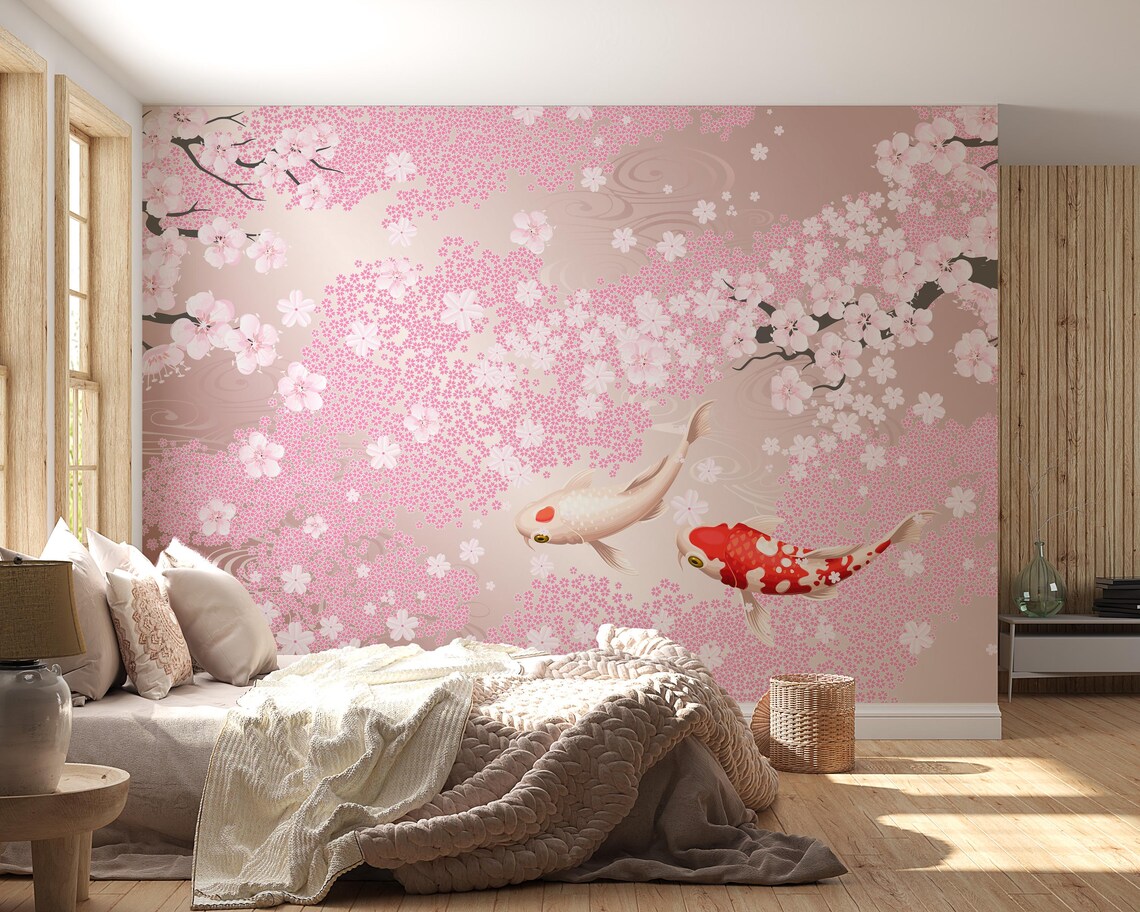 Sakura Wallpaper for Bedroom Japanese Fish Wallpaper Pink Sakura Custom ...