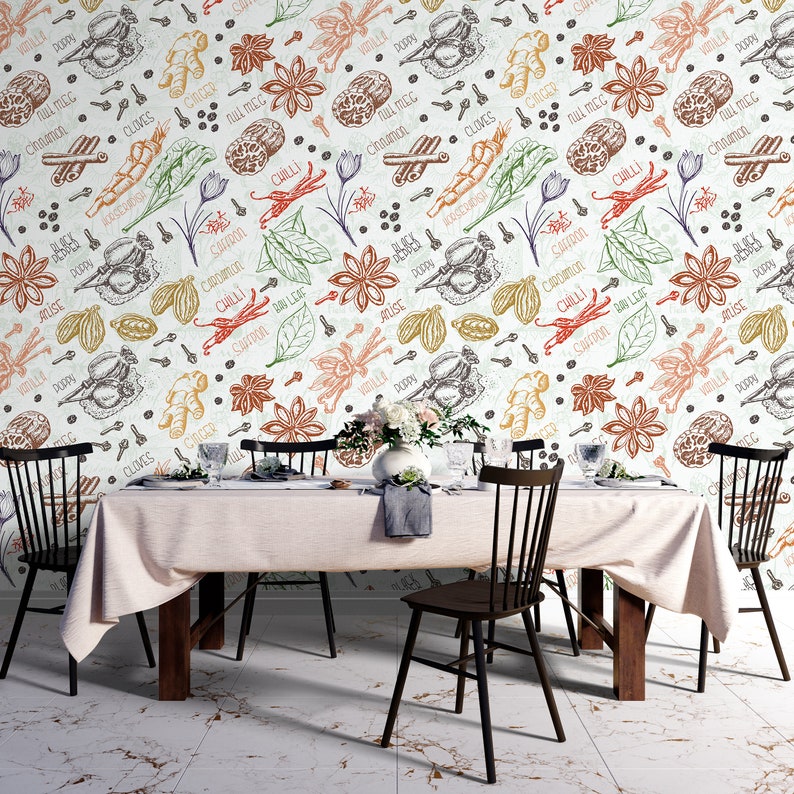 Herbs and Spice Wallpaper for Kitchen Vegetable Herbal Pattern ...