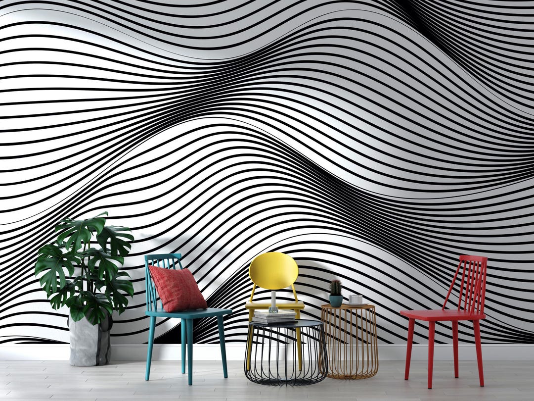 Wavy Lines Wallpaper for Living Room Abstract Shapes Wallpaper Bedroom ...