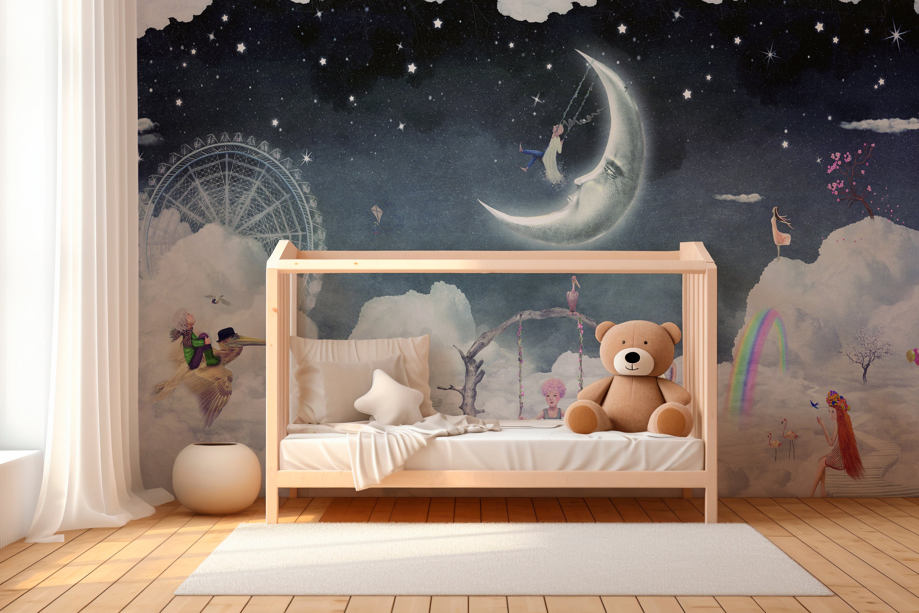 Night Sky Wallpaper for Kids Room Watercolor Moon and Stars Wallpaper ...
