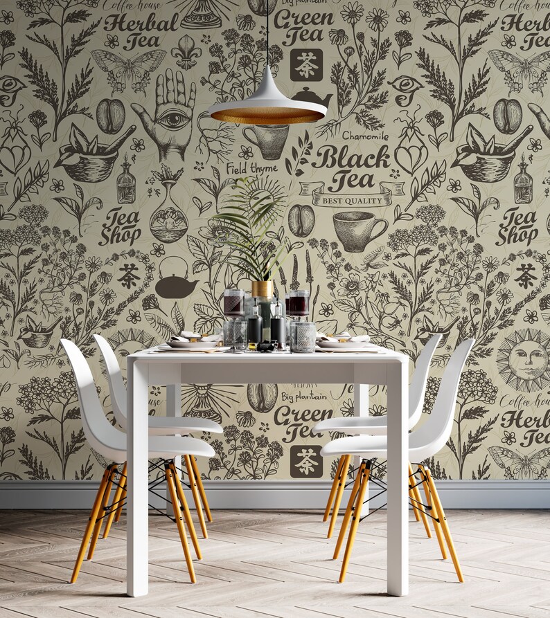 Tea Leaves Wallpaper for Kitchen Herbs Pattern Wallpaper Living Room ...