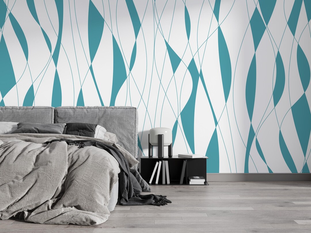 Turquoise Abstract Lines Wallpaper: Blue Living Room Wall Print - Peel ...