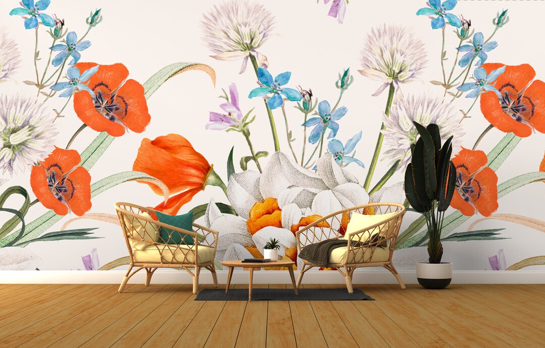 Floral Wallpaper for Living Room Watercolor Flowers Wallpaper Bedroom ...