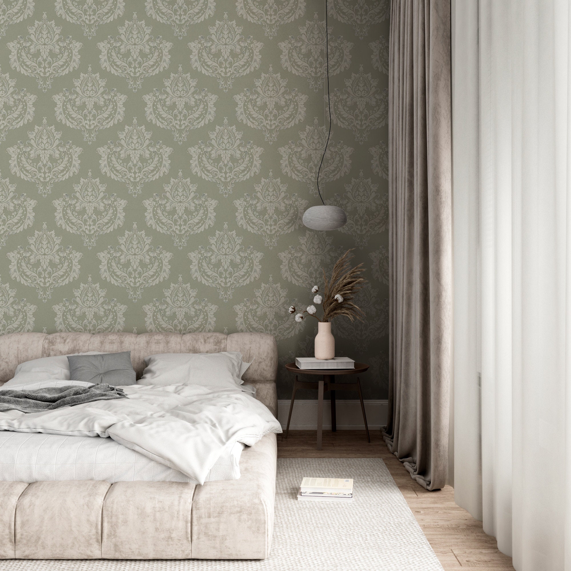 Light Green Wallpaper for Living Room Damask Pattern Wallpaper Bedroom ...