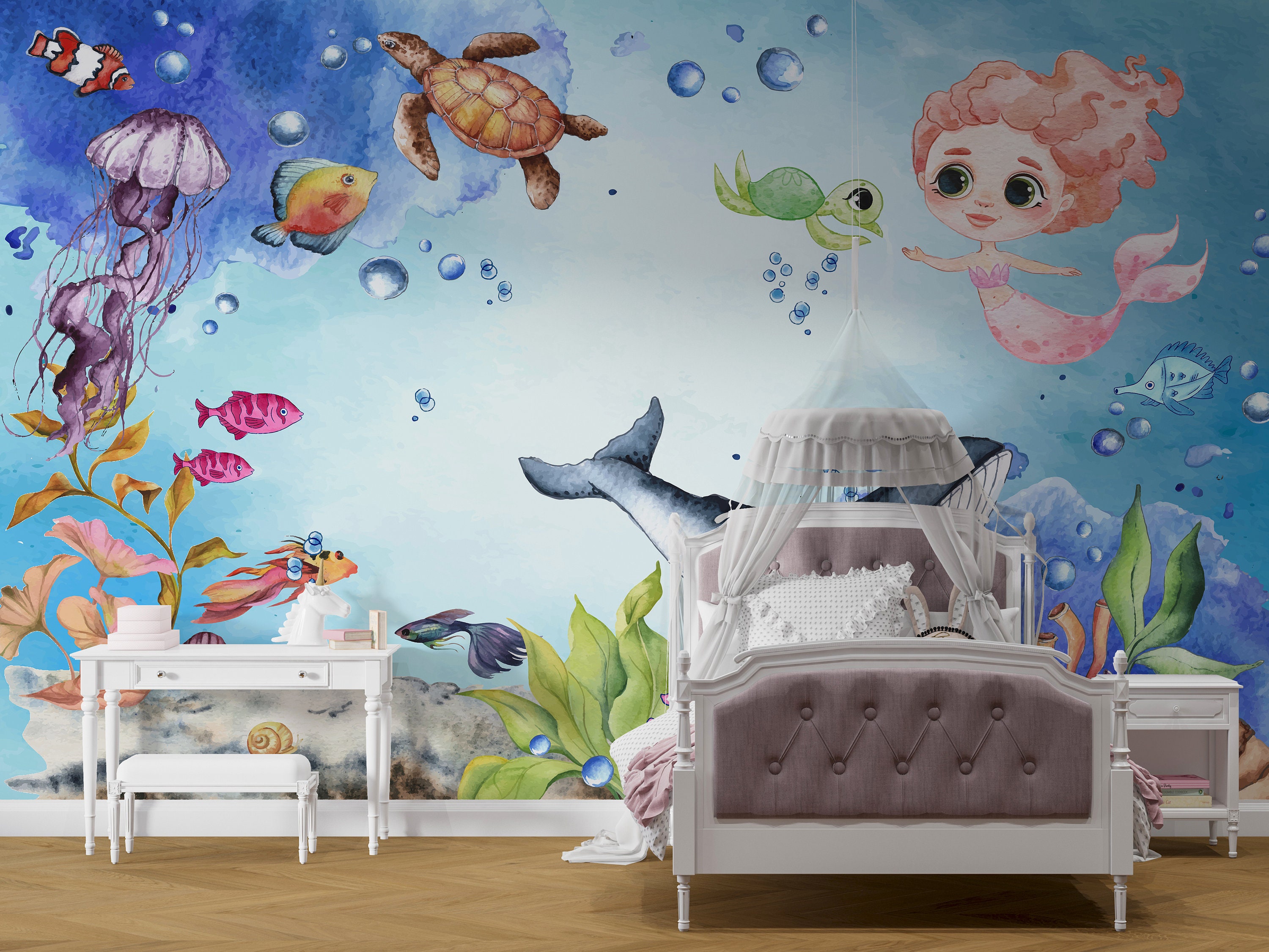 Mermaid Watercolor Wallpaper for Kids Room Blue Ocean Watercolor ...