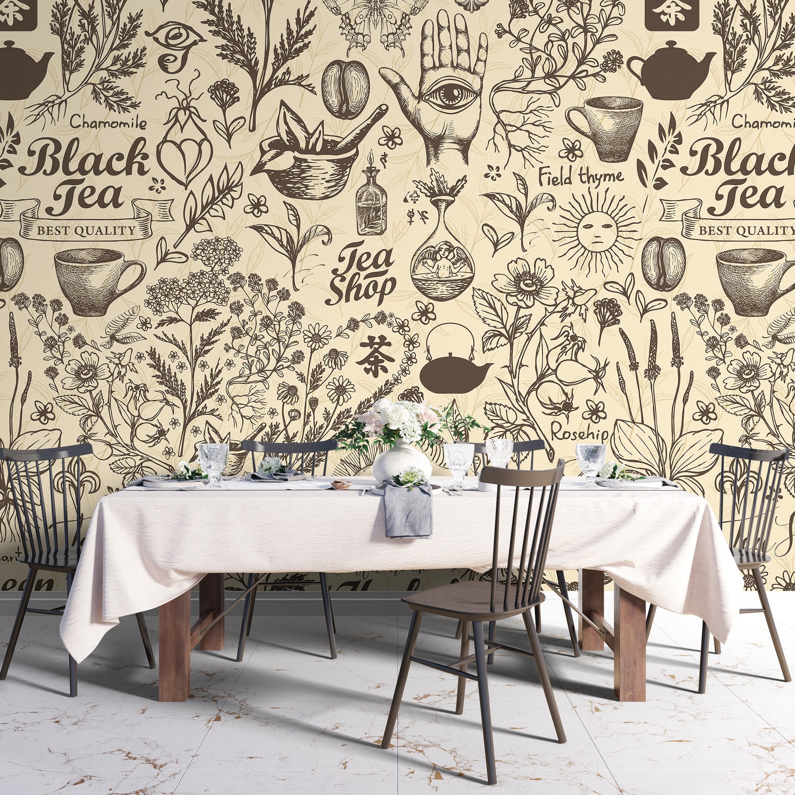 Tea Leaves Wallpaper for Kitchen Herbs Pattern Wallpaper Living Room ...