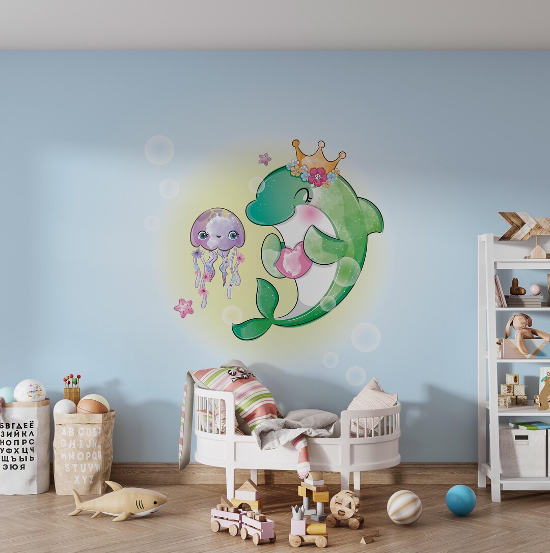 Watercolor Dolphin Wallpaper for Kids Room Blue Aquarium Wallpaper Sea ...
