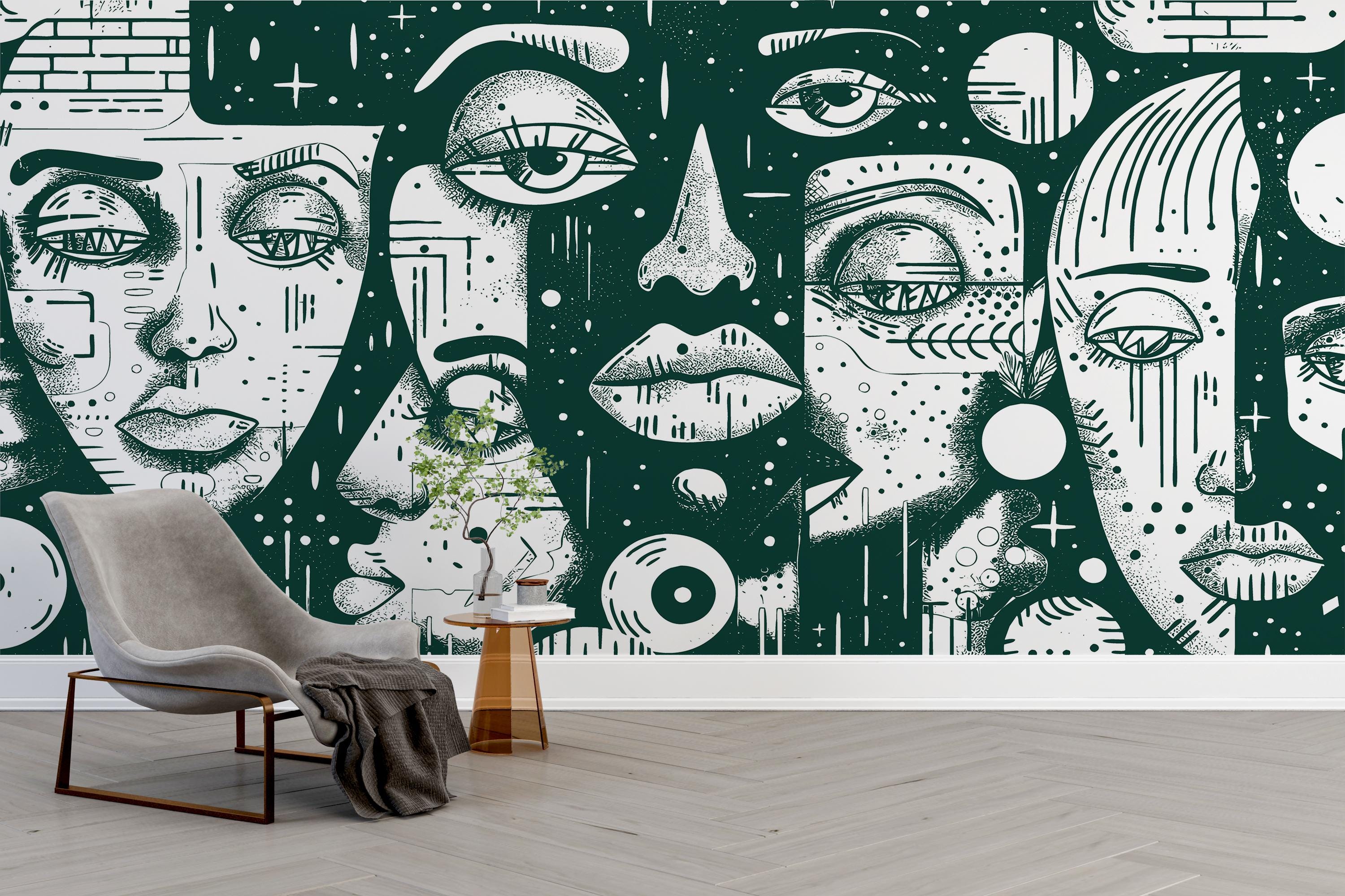 Abstract Woman Faces Wallpaper for Living Room Green Wallpaper Bedroom ...