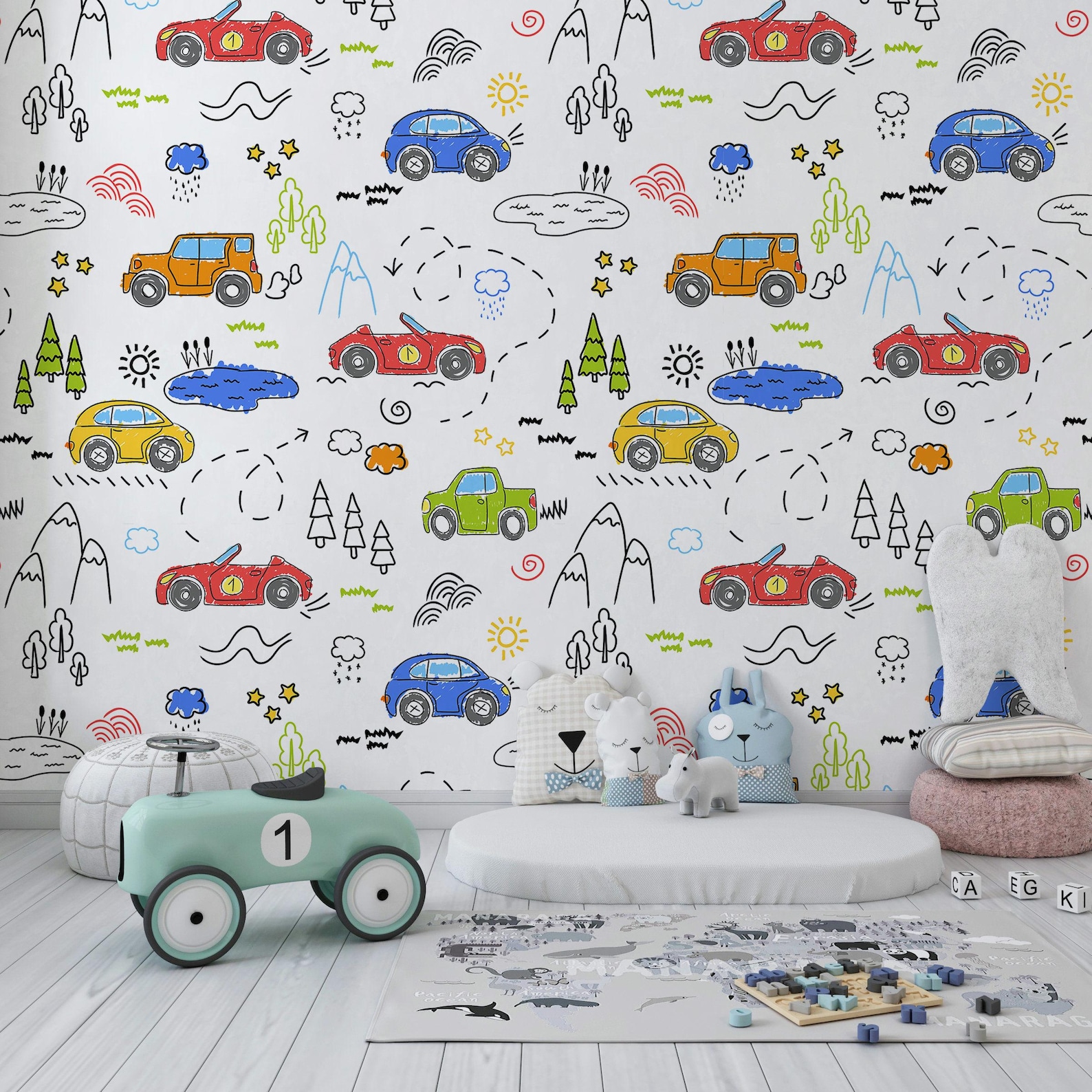 Car Wallpaper for Kids Room Colorful Wallpaper Vehicles Nursery Custom ...