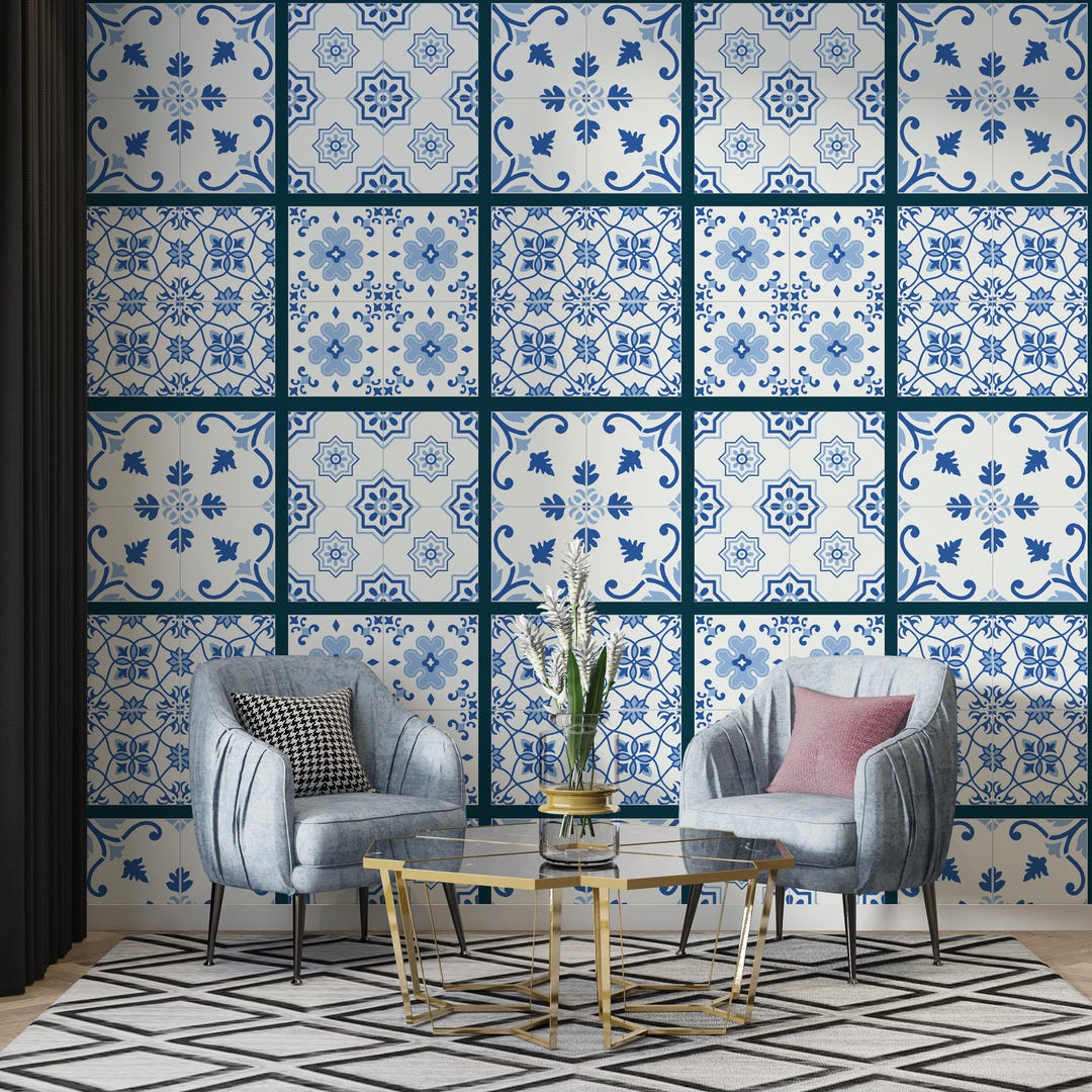 Tiles Wallpaper for Living Room Blue Mosaic Wallpaper Ornament Tiles ...