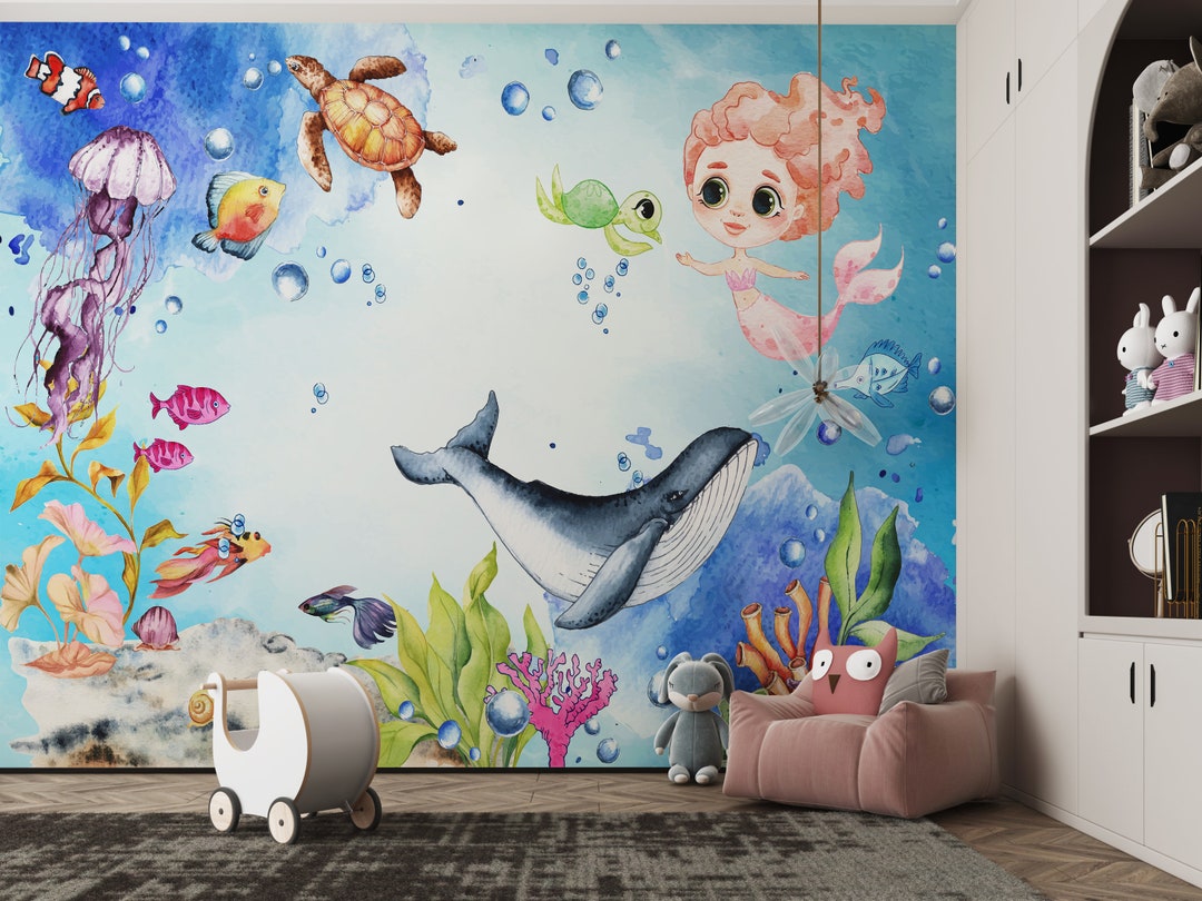 Mermaid Watercolor Wallpaper for Kids Room Blue Ocean Watercolor ...