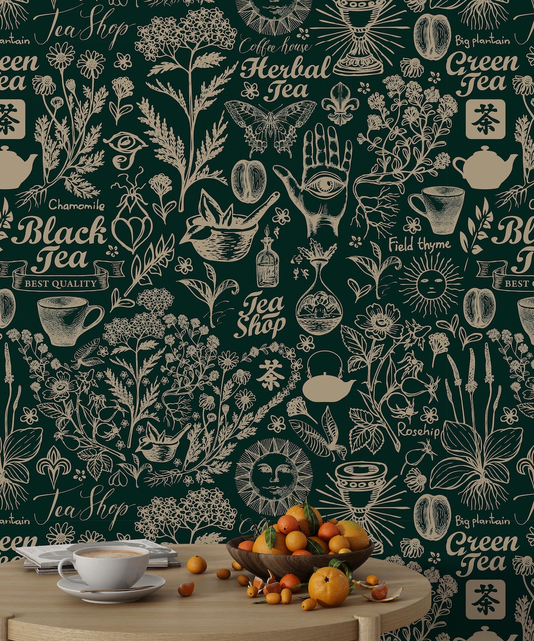 Tea Leaves Wallpaper for Kitchen Green Alchemy Wallpaper Herbs Pattern ...