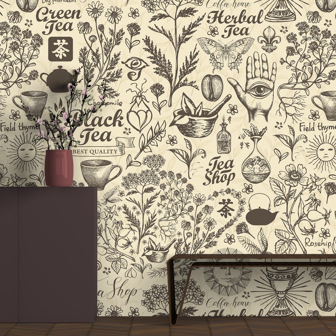 Tea Leaves Wallpaper for Kitchen Herbs Pattern Wallpaper Living Room ...