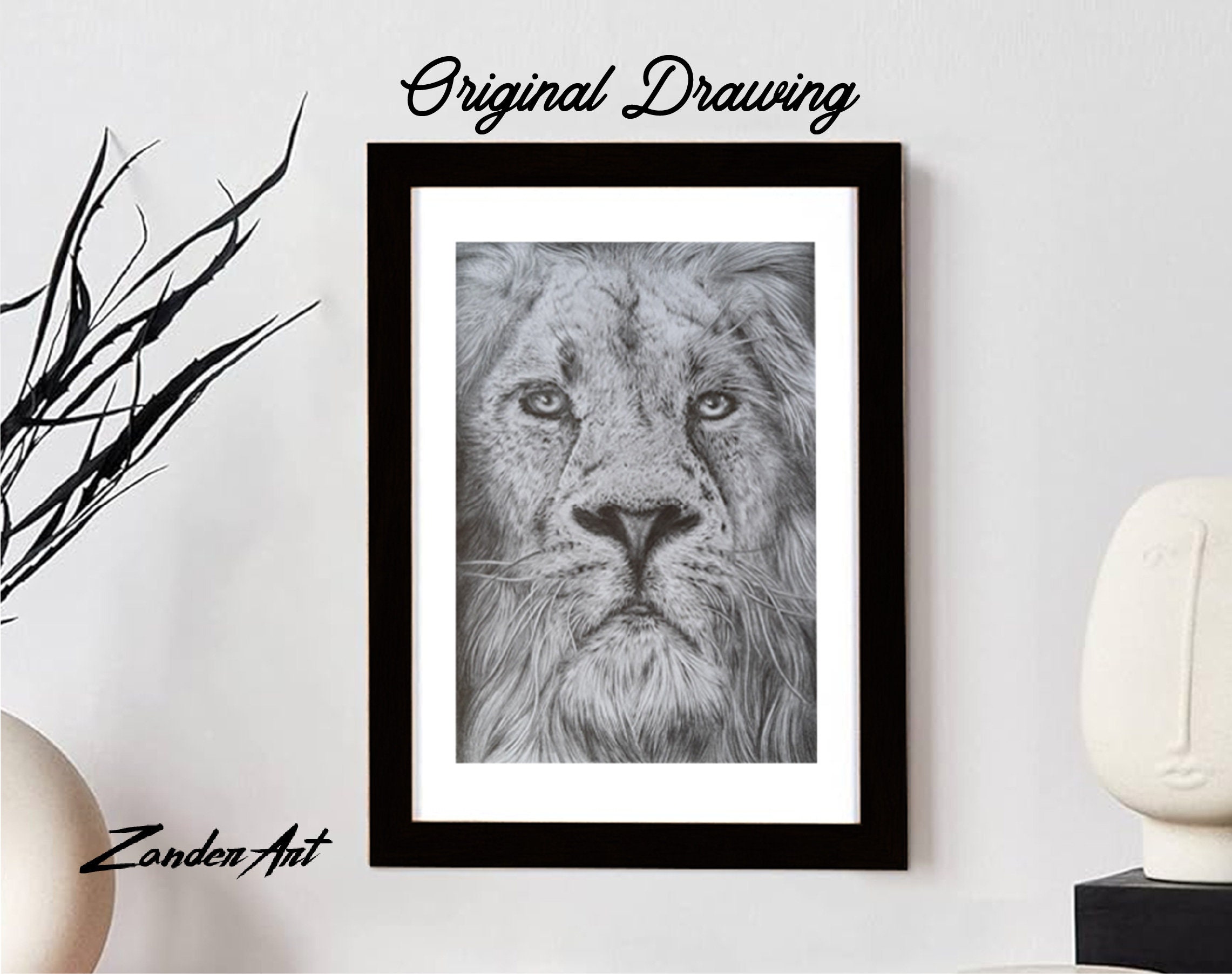 Original African Lion Graphite Drawing on Paper, Gift, Lion Art, Black ...