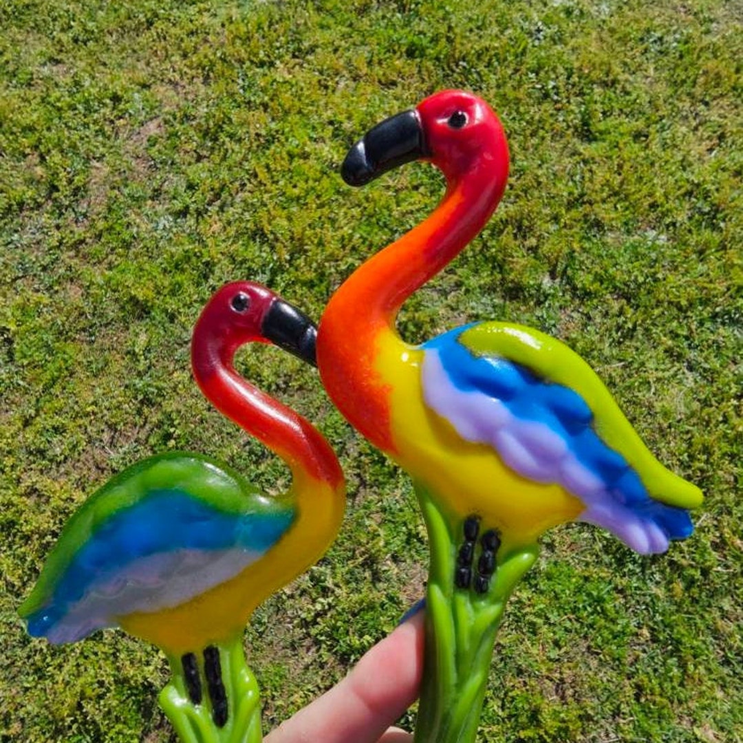Flamingo Garden Stakes, Fused Glass Art, Rainbow Flamingos Yard Art ...