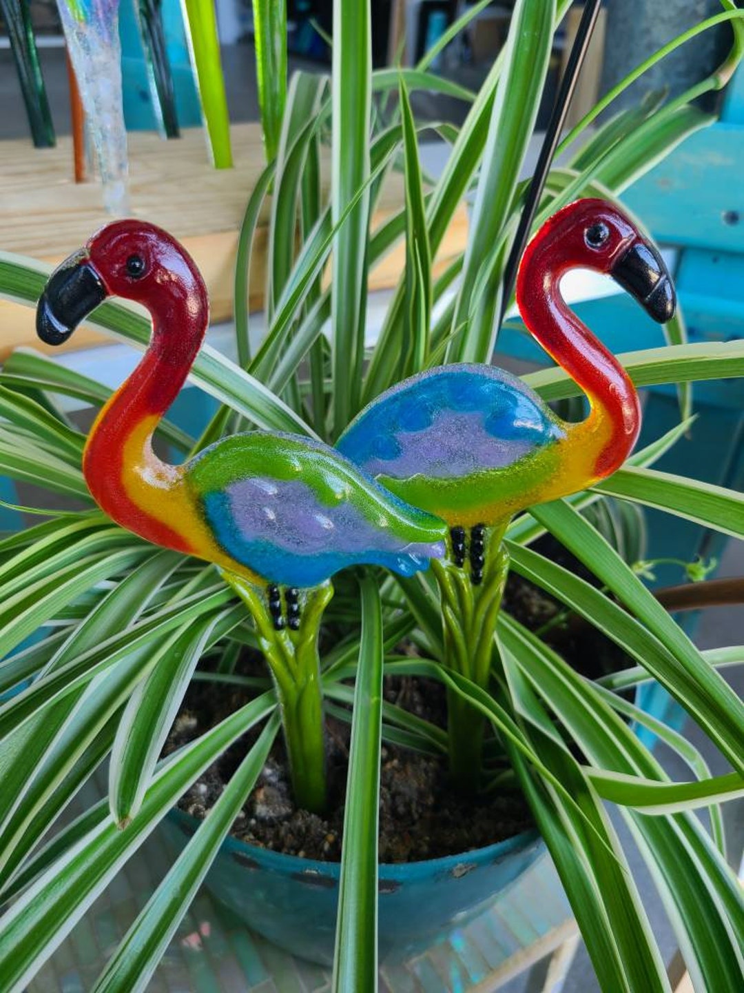 Flamingo Garden Stakes, Fused Glass Art, Rainbow Flamingos Yard Art ...