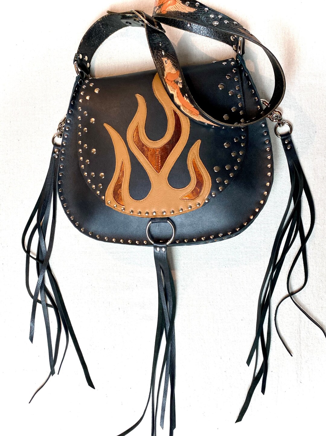 Black Leather Studded Bag With Flames/ Biker Style Flame Purse With ...