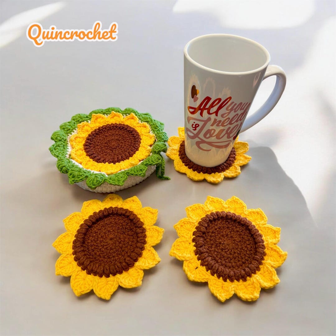 Crochet Sunflower Coasters: Handmade Drink Coasters, Set of 4 - Etsy