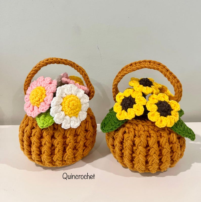 Crochet Flower Basket,crochet Sunflower, Crochet Daisy,handmade Flower ...