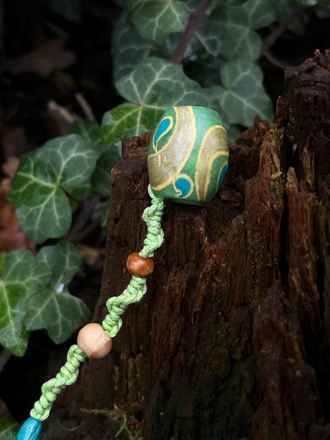 Handmade Green Wooden Dread Bead With Feather Detail - Etsy