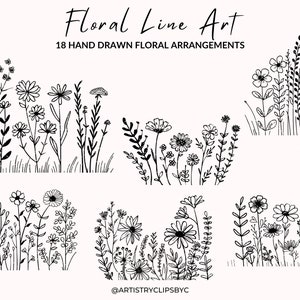 Flower Fine Line Bundle | 18 Designs | PNG & SVG Files | Flower Bouquet ...