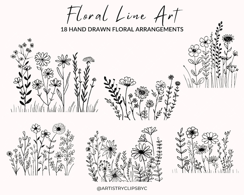 Flower Fine Line Bundle | 18 Designs | PNG & SVG Files | Flower Bouquet ...