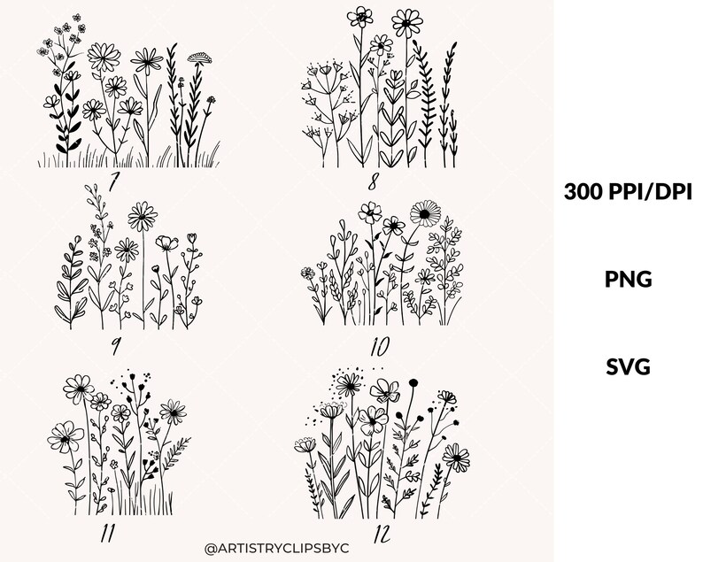 Flower Fine Line Bundle 18 Designs Png And Svg Files Flower Bouquet Wildflower Borders Hand