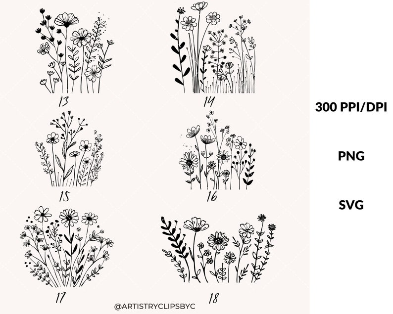 Flower Fine Line Bundle | 18 Designs | PNG & SVG Files | Flower Bouquet ...