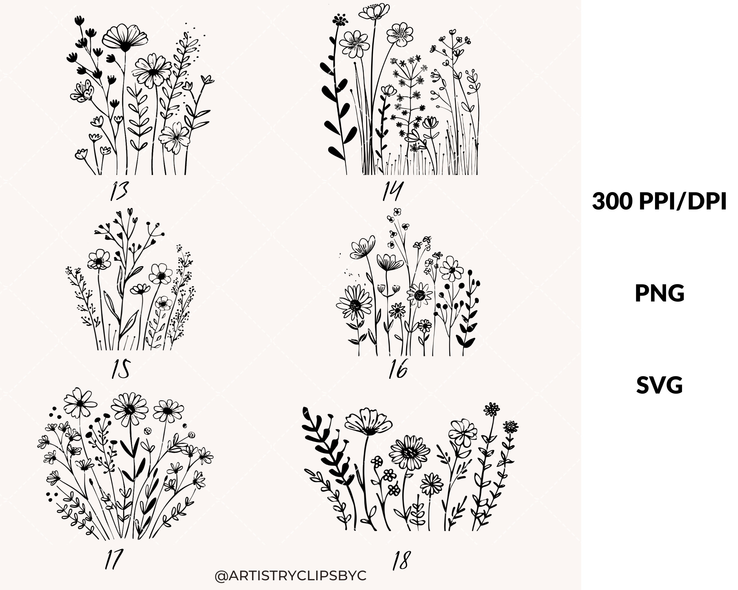 Flower Fine Line Bundle | 18 Designs | PNG & SVG Files | Flower Bouquet ...