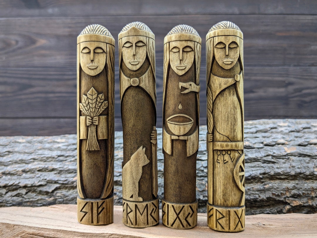 Scandinavian Goddesses Set. Freya, Frigg, Sif and Sigyn . Wooden Gods ...