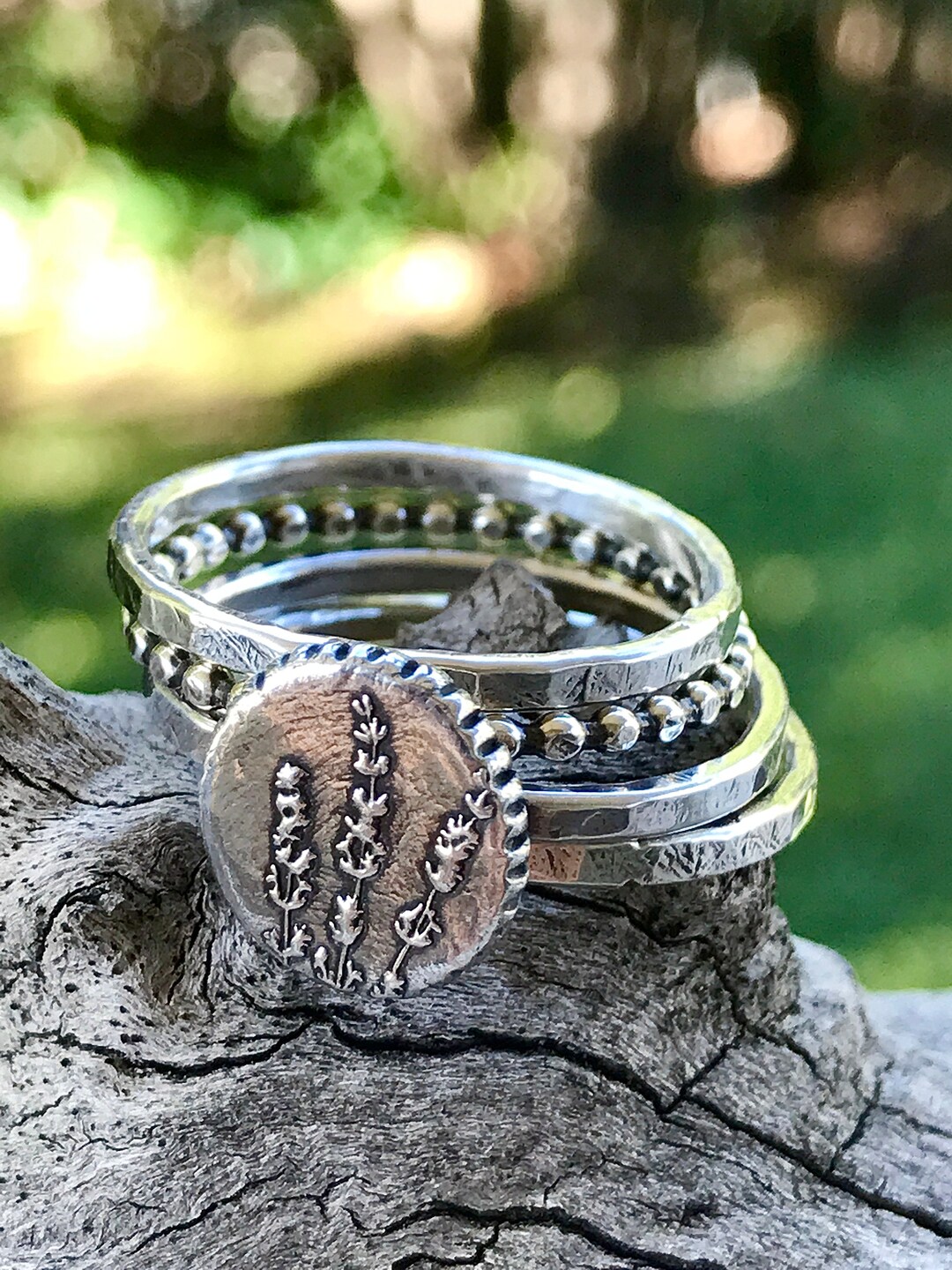 Handmade Sterling Silver Stackable Ring Set: Hammered Texture, Wheat ...