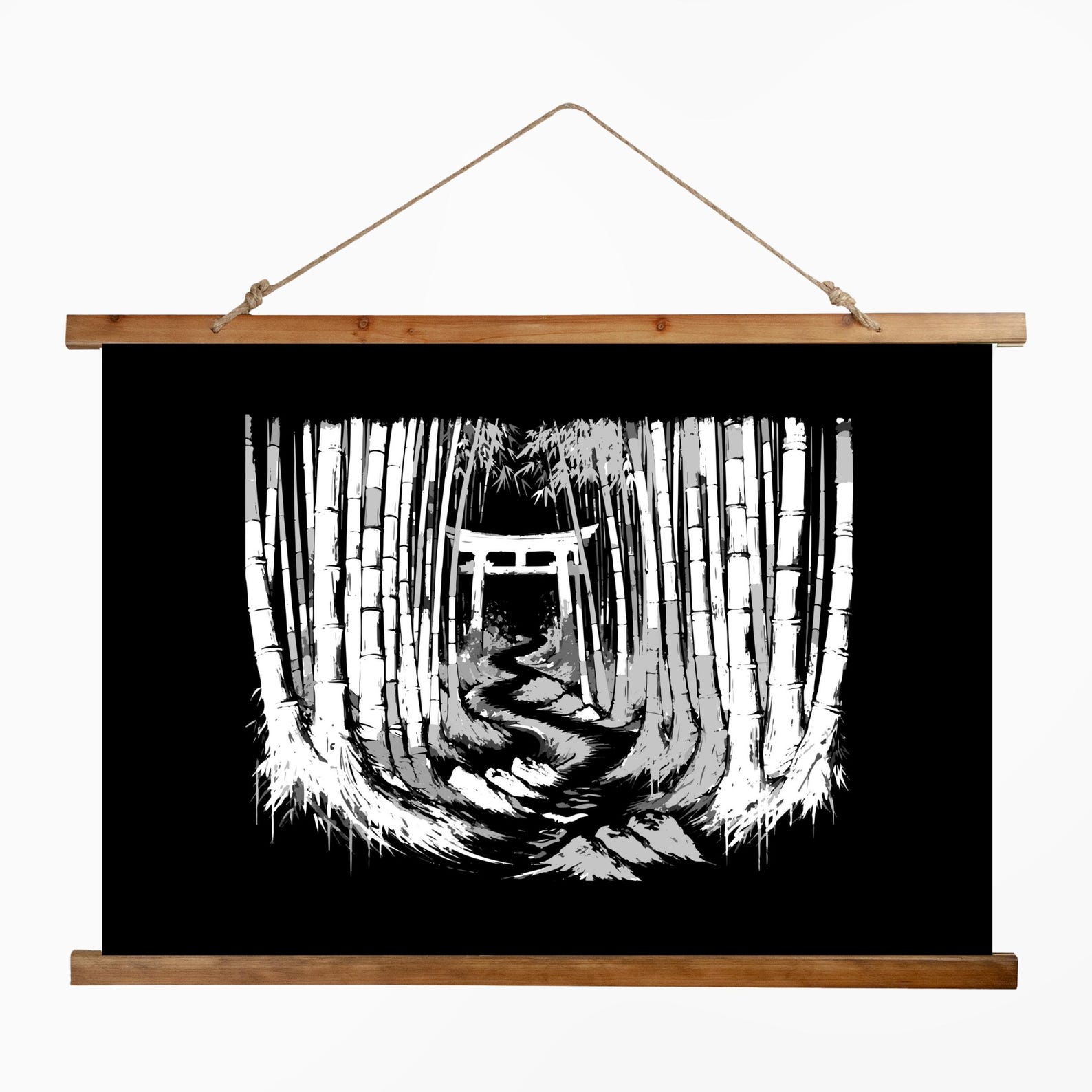 White Tori Gate in Zen Bamboo Forest Wood Topped Wall Tapestry - 26"x36 ...