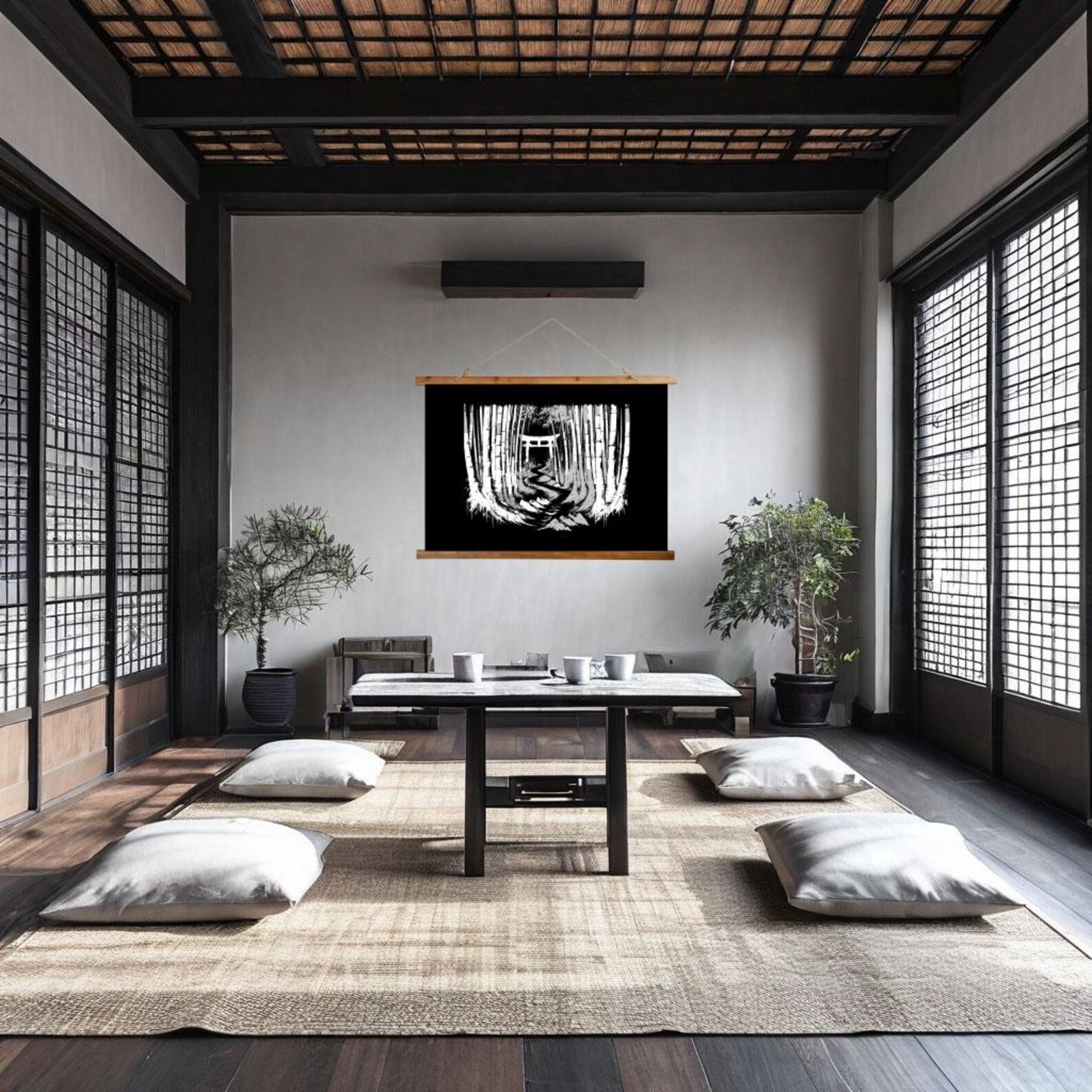 White Tori Gate in Zen Bamboo Forest Wood Topped Wall Tapestry - 26"x36 ...