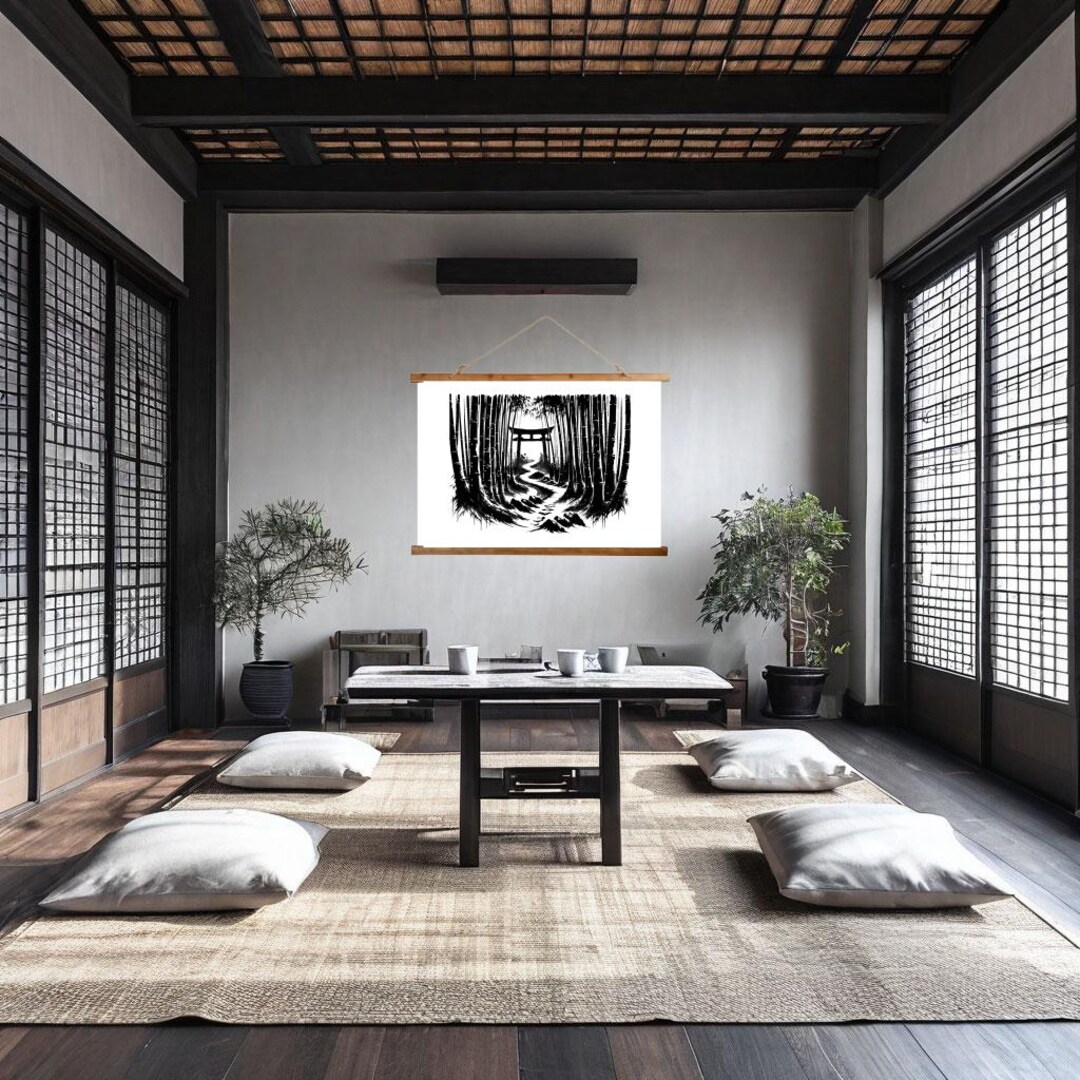 Black Tori Gate in Zen Bamboo Forest Wood Topped Wall Tapestry - 26"x36 ...