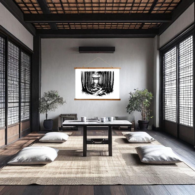 Black Tori Gate in Zen Bamboo Forest Wood Topped Wall Tapestry - 26"x36 ...