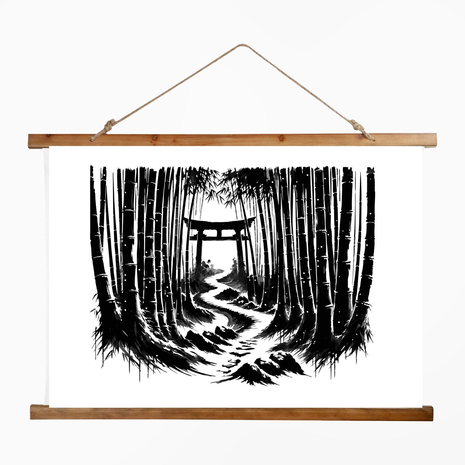 Black Tori Gate in Zen Bamboo Forest Wood Topped Wall Tapestry - 26"x36 ...
