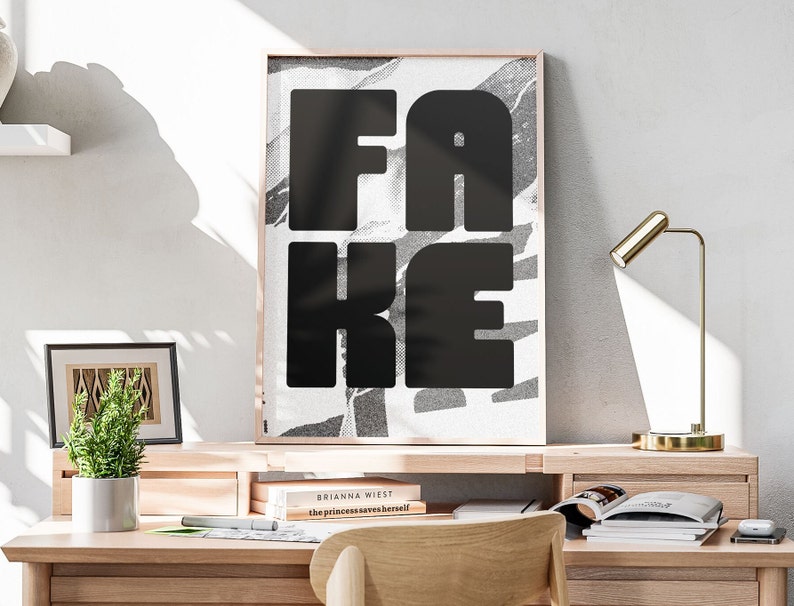 FAKE Digital Download Art Print, Bold Typography Poster, Monochrome ...