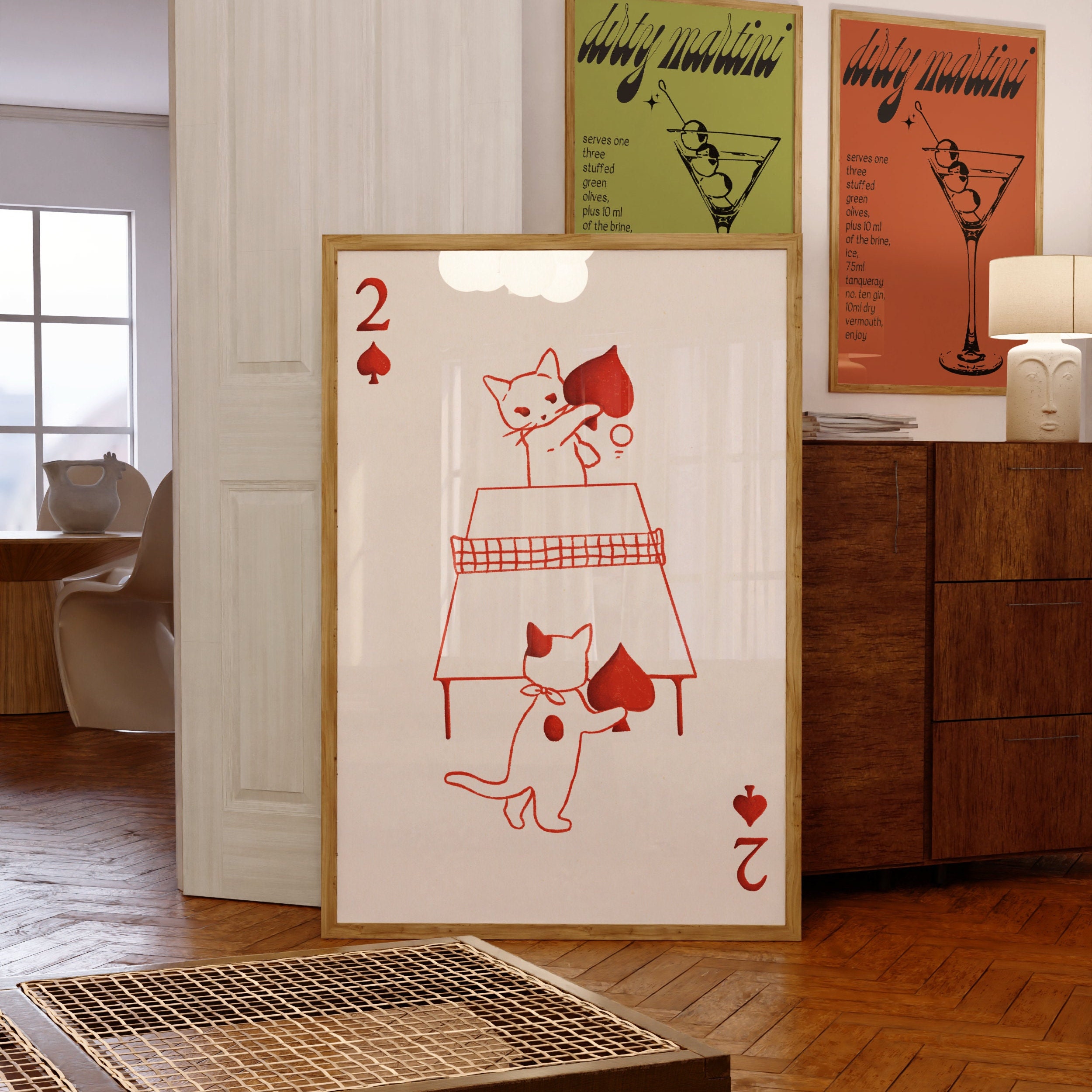 Cats Playing Ping Pong Tennis Card Retro Wall Art Print Living Bedroom ...