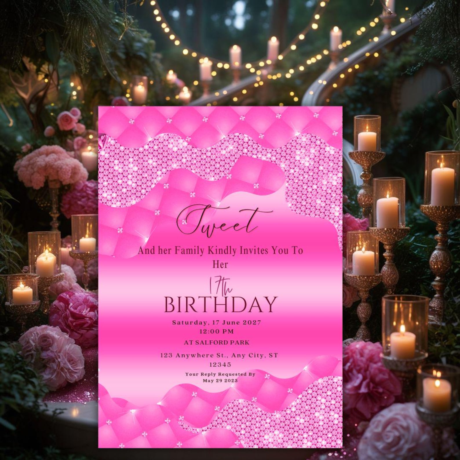 Pink Glitter 17th Birthday Invitation, Wavy Design (digital Download ...