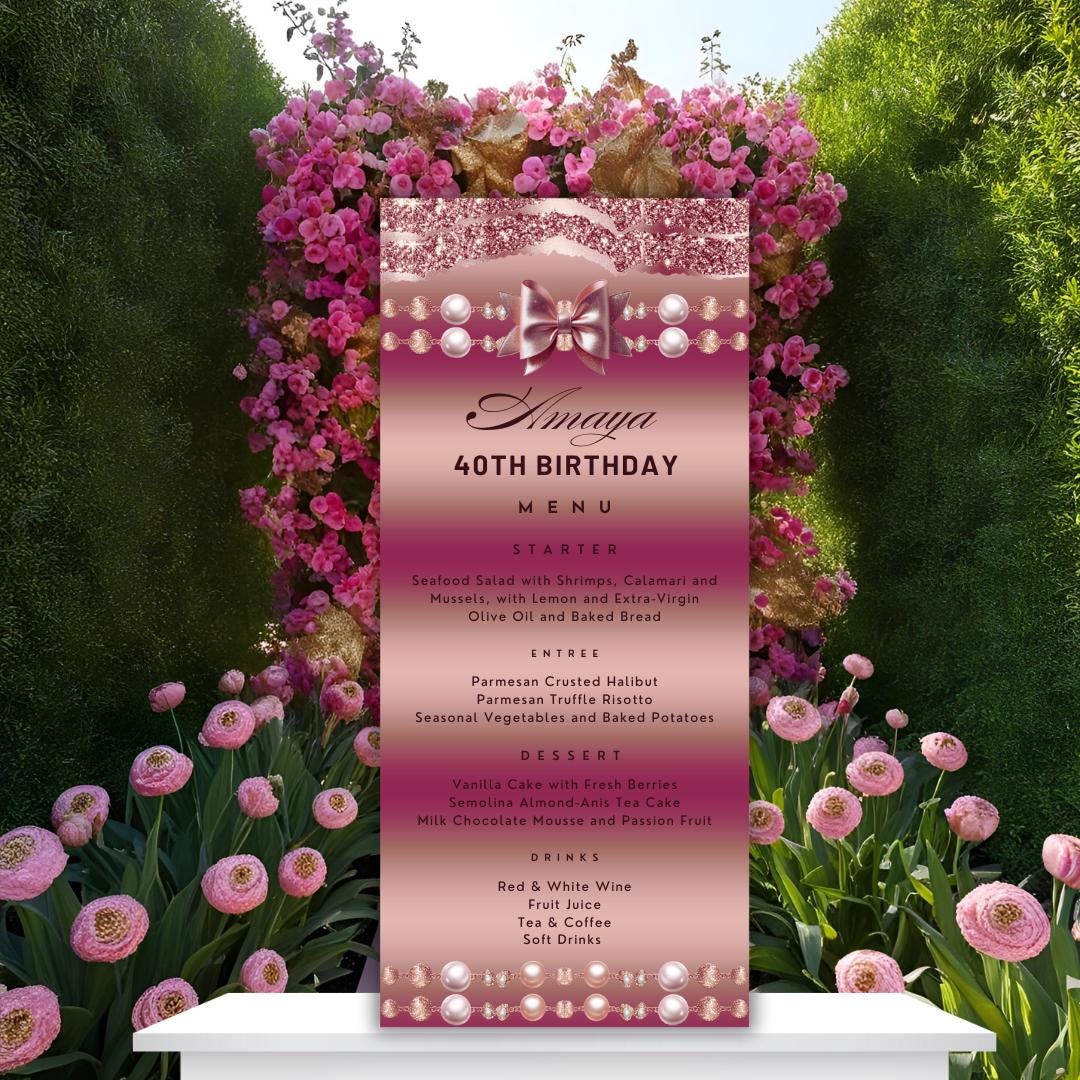 Drink Menu for 40th Birthday, 40th Birthday Menu Template, 40th ...