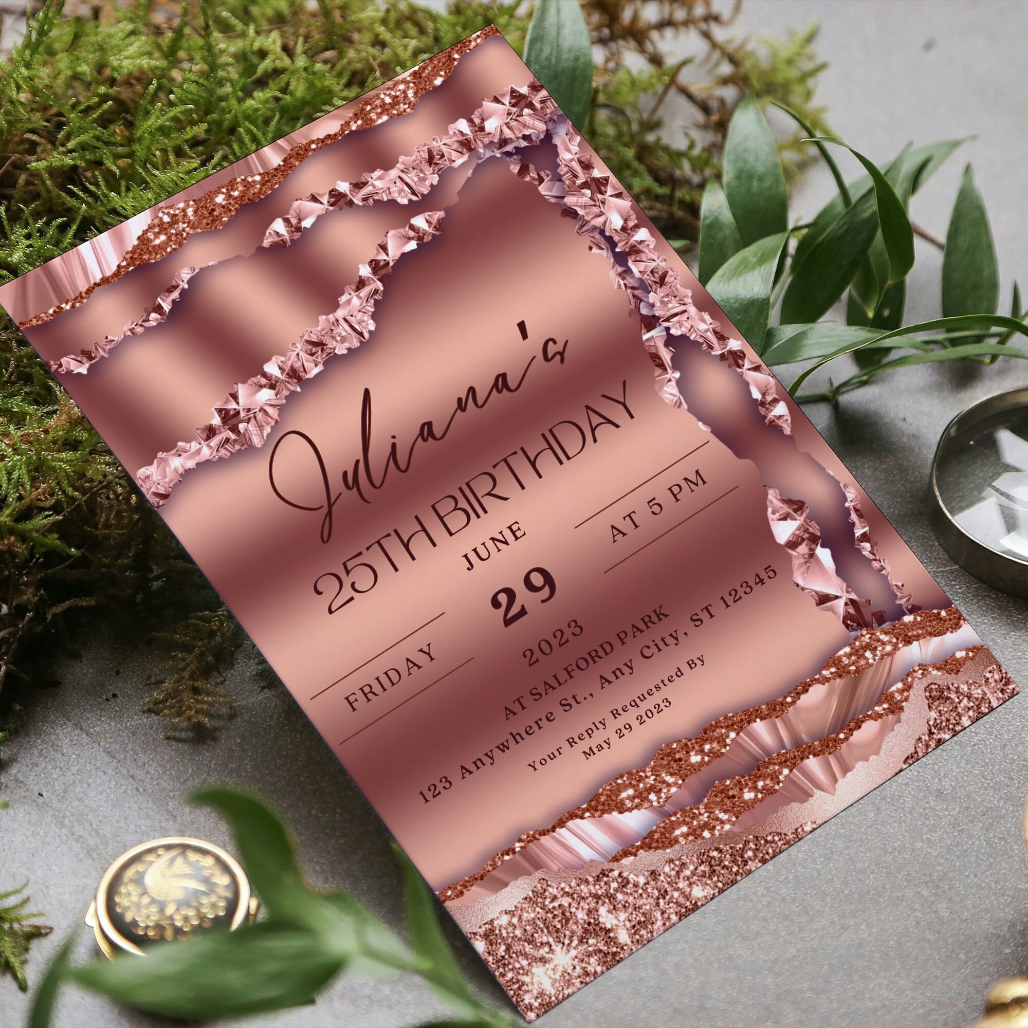 Rose Gold Invitation Template, Glitter Rose Printable & Text ...