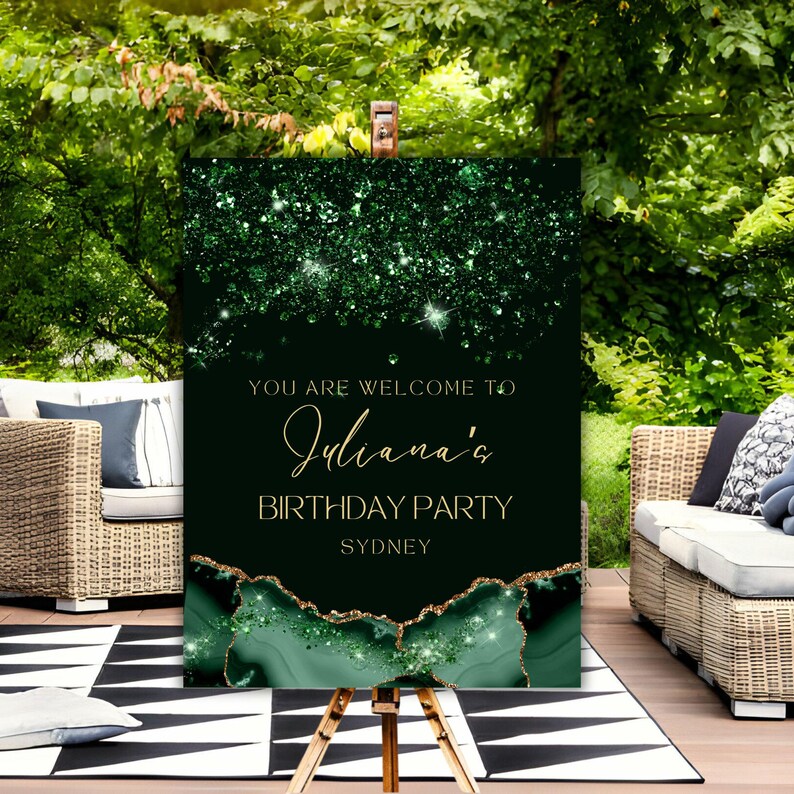 Emerald Green Glitter Birthday Welcome Sign, Agate Gold Design (digital ...