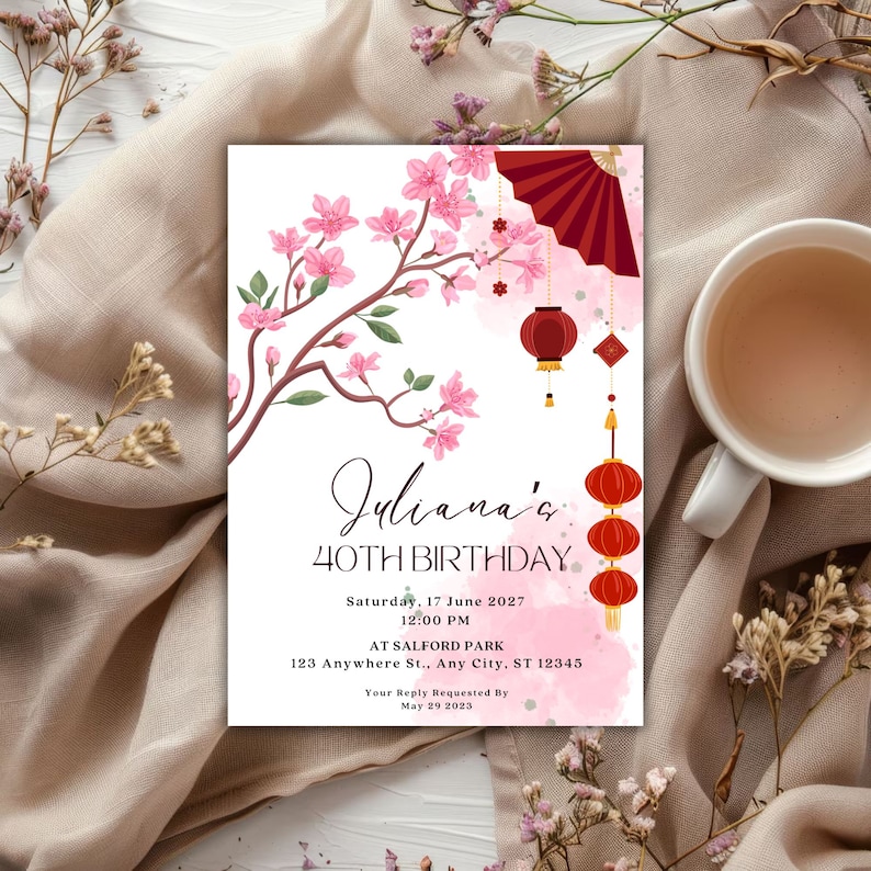 Printable Japanese Invitation Set, Japanese Party Invite, Cherry ...