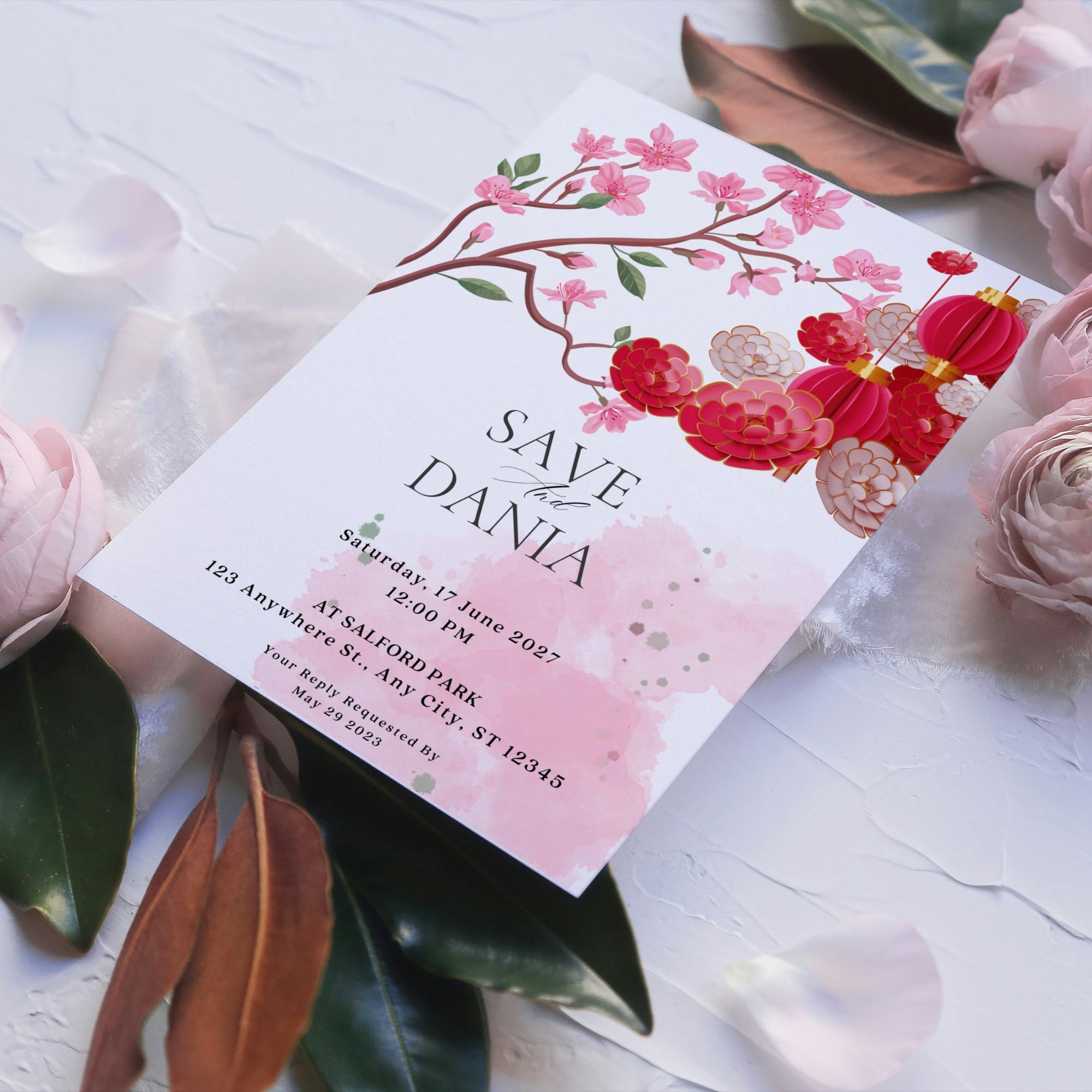 Chinese Floral Wedding Invitation Template, Lantern Card (printable ...