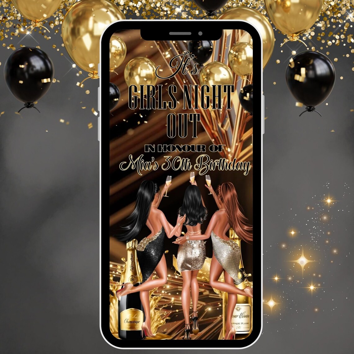 Girls Night Out Invitation, Black Gold Balloons, Champagne (digital ...