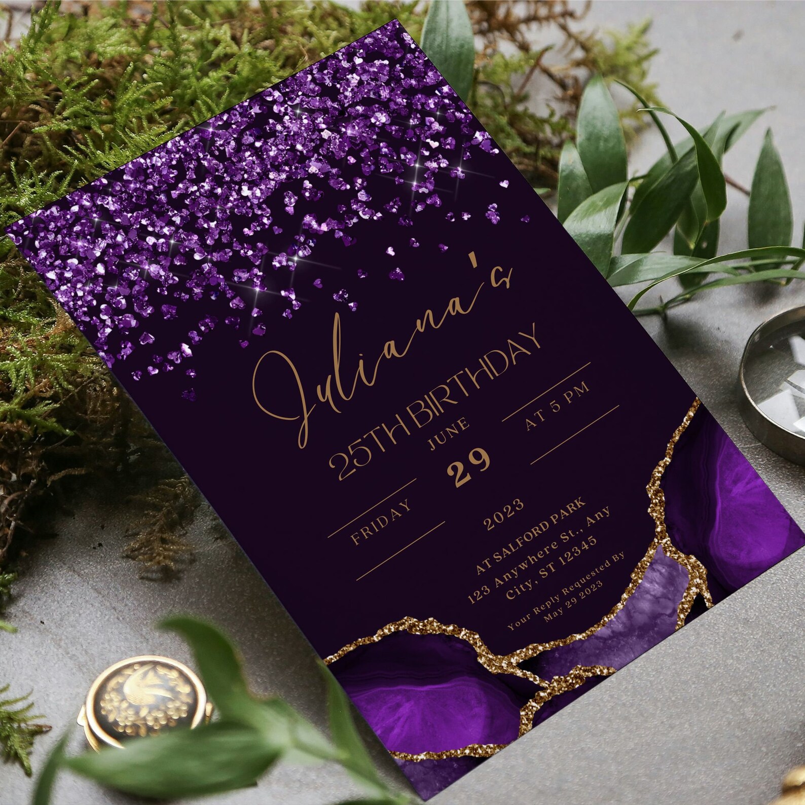 Purple and Gold Invitations, Glitter Invitations, Printable & Text ...