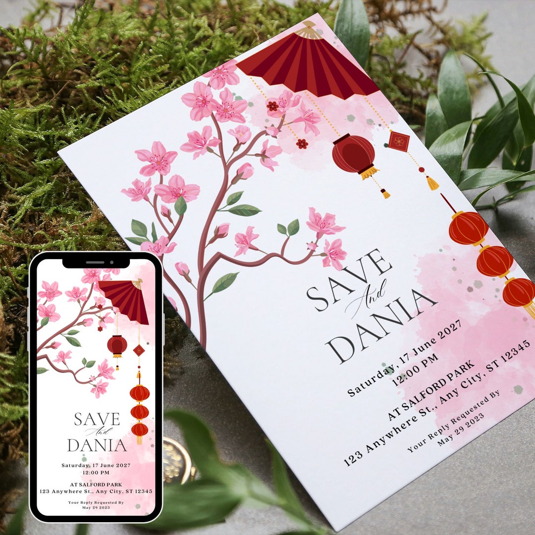 Japanese Wedding Invitation, Pink Cherry Blossom Japanese Invitation ...